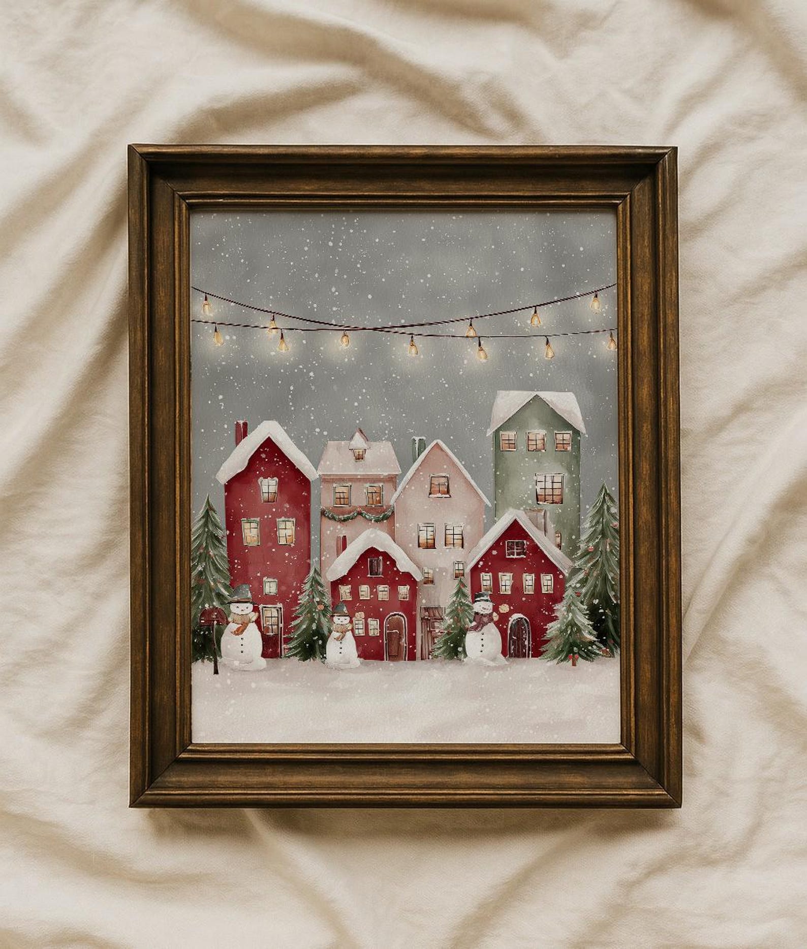 Watercolor Christmas Village Print: Snowman Winter Landscape (digital ...