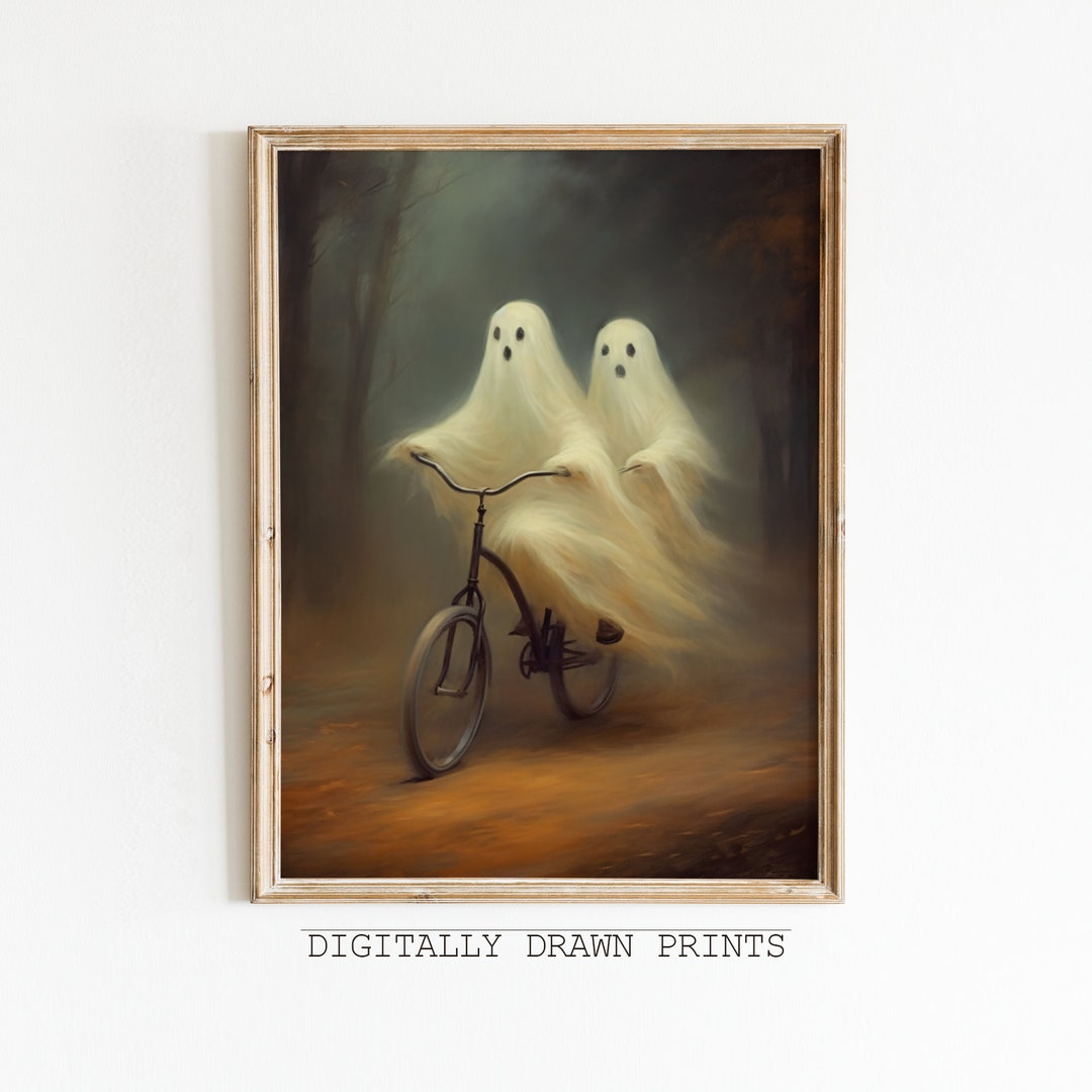 Cute Ghosts Print, Vintage Oil Painting, Ghosts Riding a Bike, Dark ...