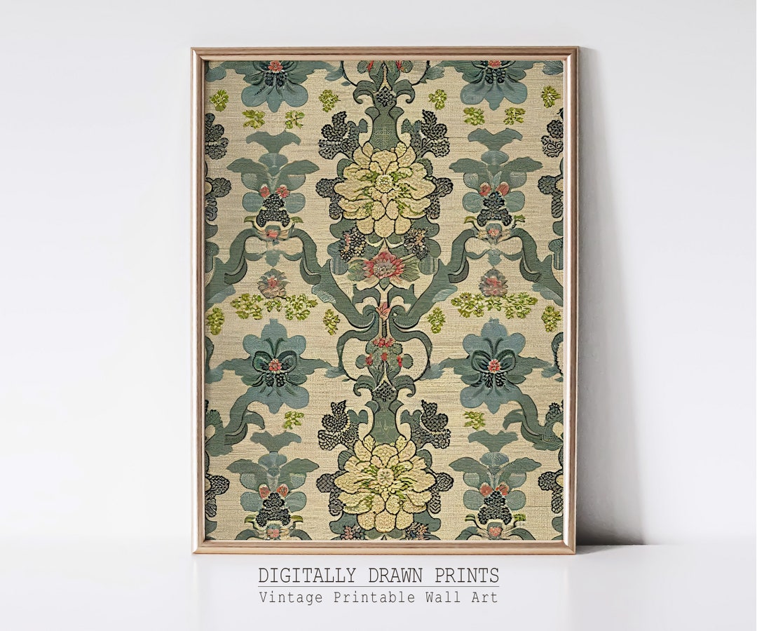 Vintage Textile Art, Botanical Toile Tapestry, Vintage Rug Neutral ...