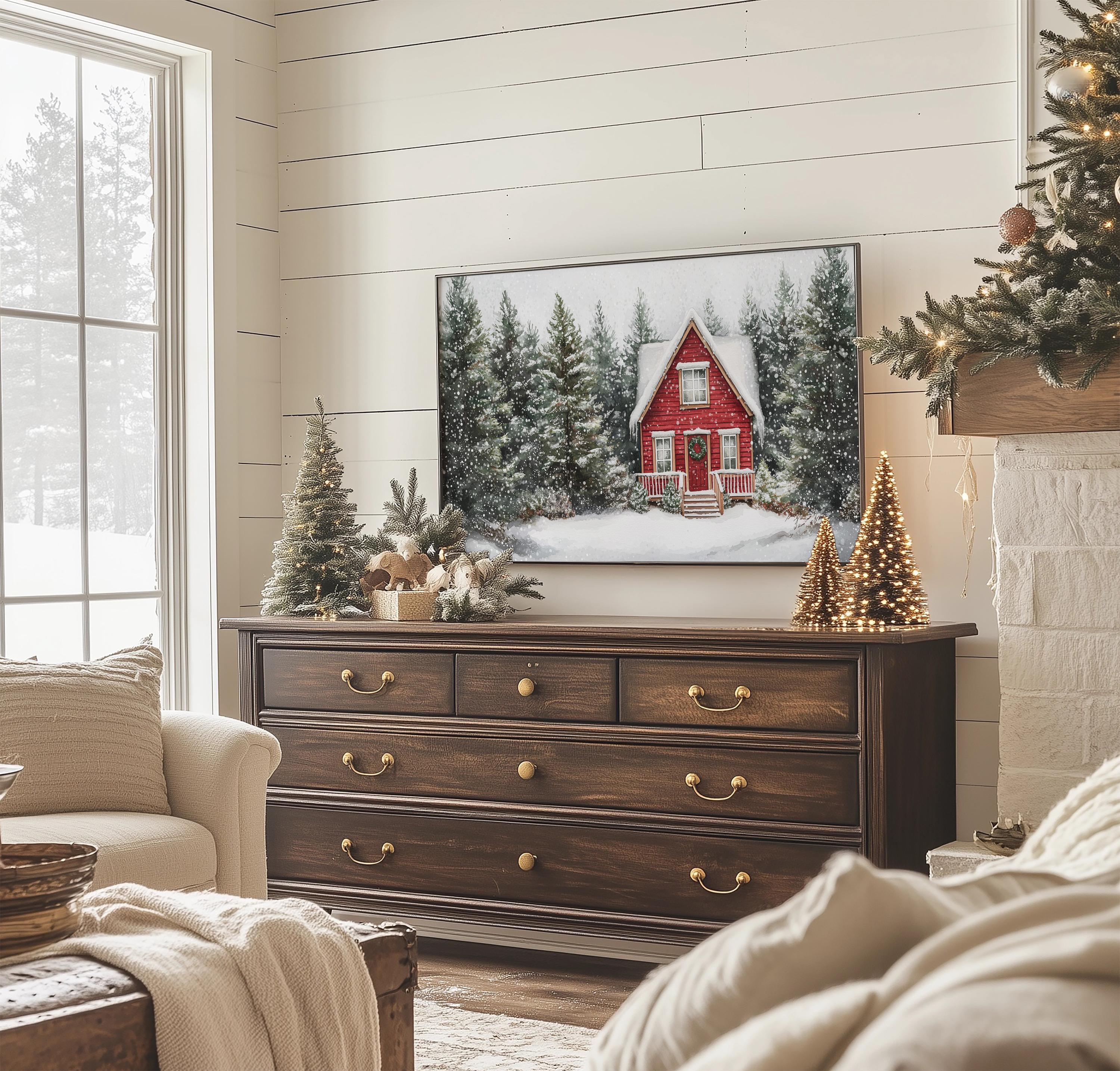 Christmas Cottage Frame TV Art, Farmhouse Winter Landscape Painting ...