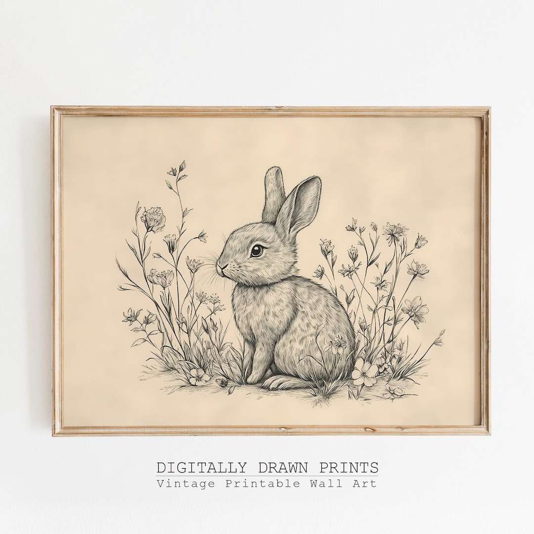 Vintage Bunny Sketch Print, Rustic Easter Wall Art, Antique Rabbit ...