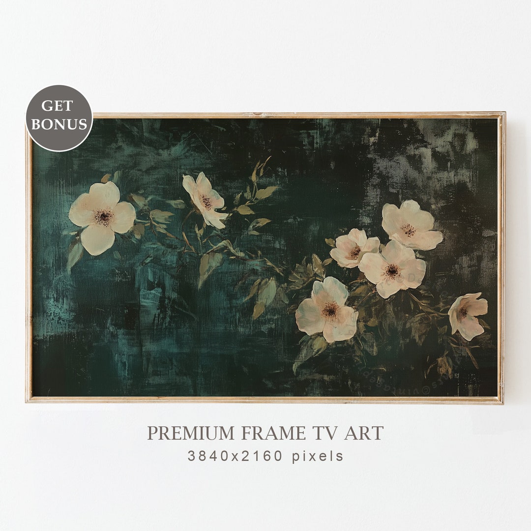 Flower Painting Frame TV Art, Antique Dark Green Wildflowers TV ...