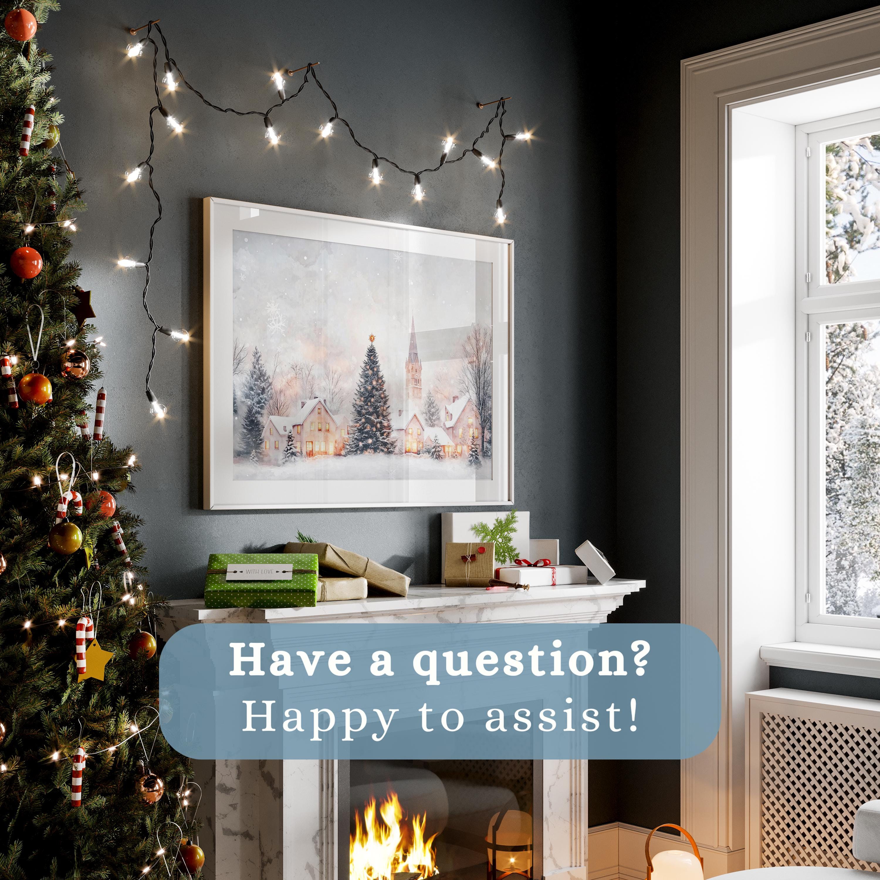 Neutral Christmas Village Printable Wall Art, Winter Church Scene ...