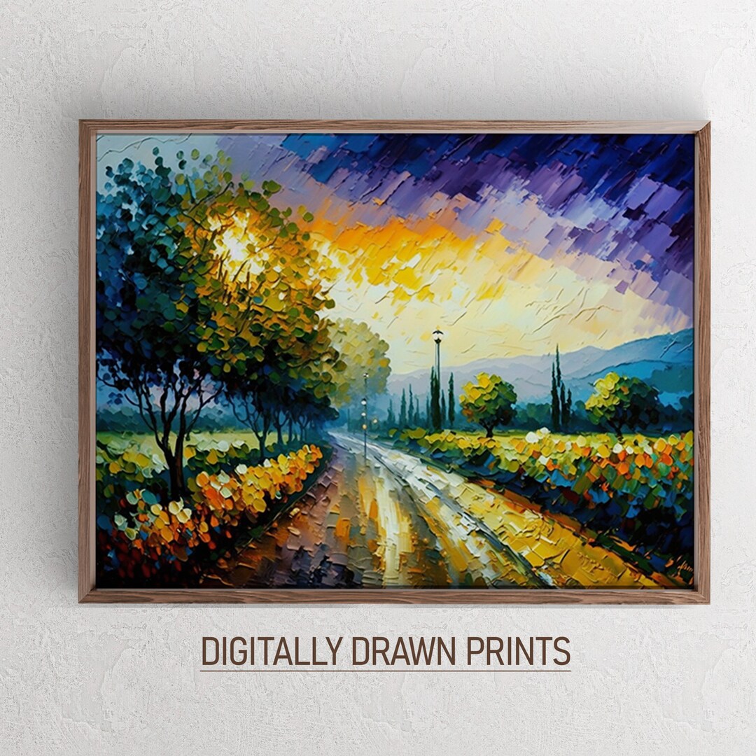 Autumn Sunset Drive With Lamps Printable Oil Painting , Autumn Field ...