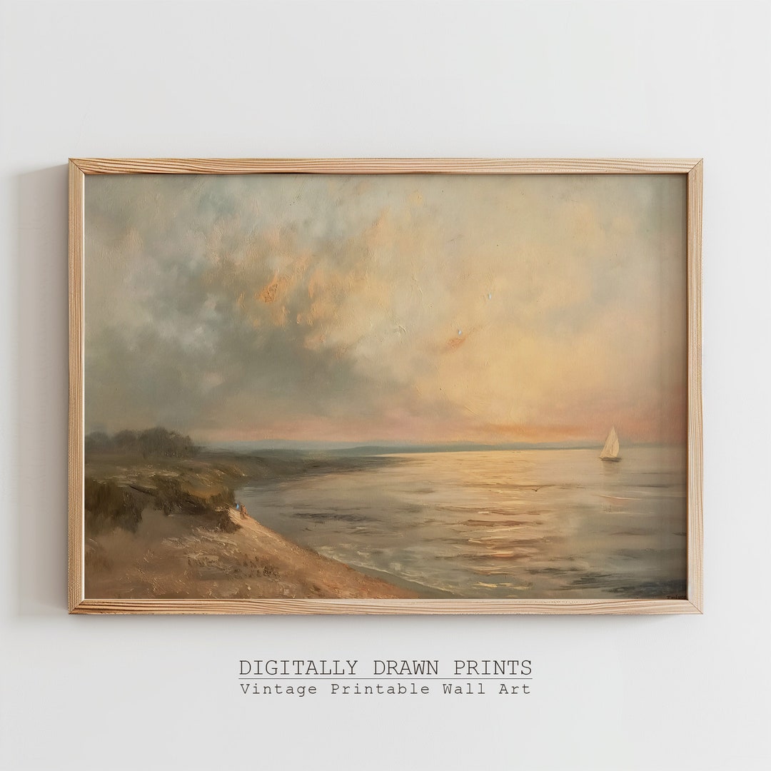 Summer Sunset Printable Beach Landscape Painting, Vintage Beach Print ...