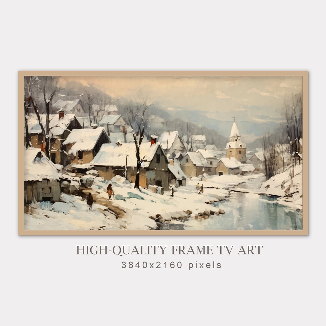 Christmas TV Frame Art, Vintage Winter Oil Painting, Winter Landscape ...