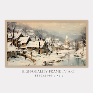 Christmas TV Frame Art, Vintage Winter Oil Painting, Winter Landscape ...