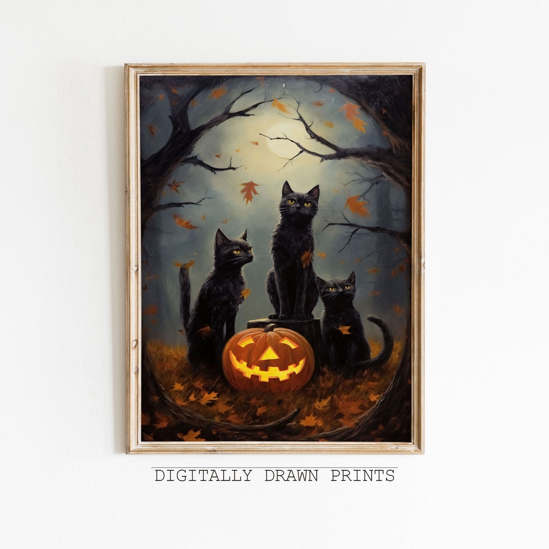 Spooky Halloween Black Cats Print, Halloween Printable Wall Art, Fall ...