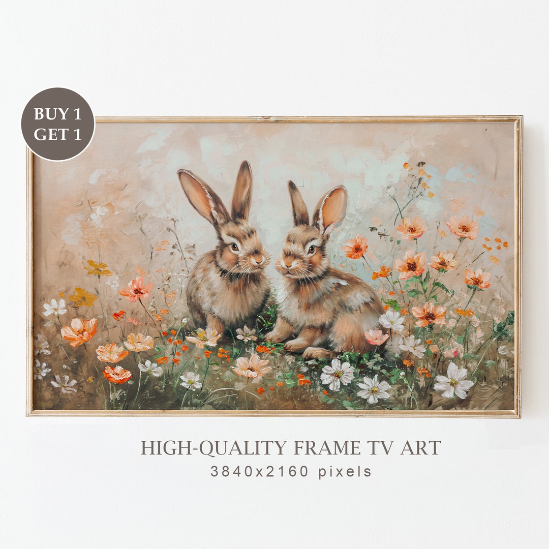 Vintage Easter Frame TV Art, Easter Rabbits in a Spring Wildflower ...