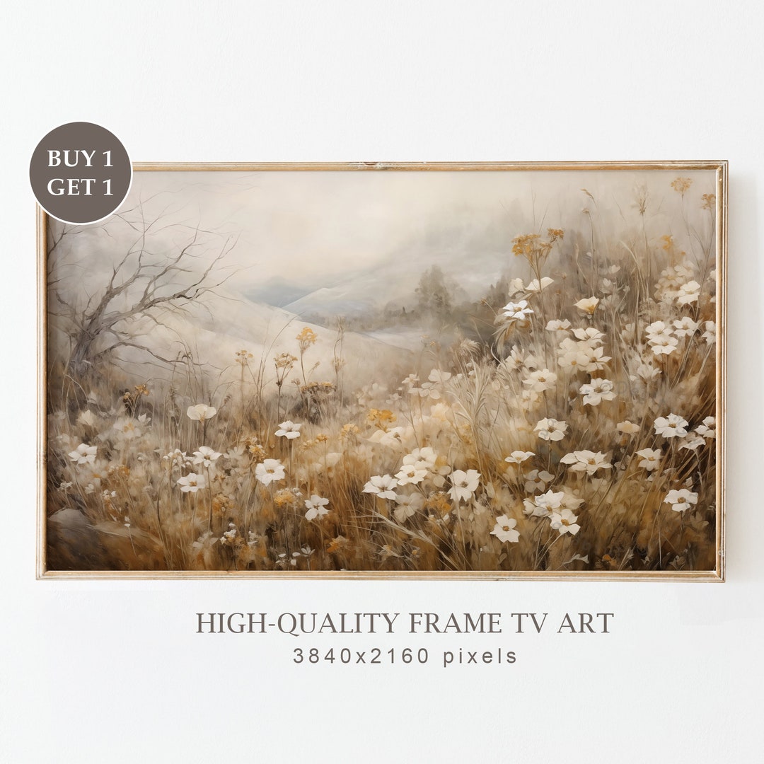 Moody Early Spring Frame TV Art, Muted Spring Wildflower Field Oil ...