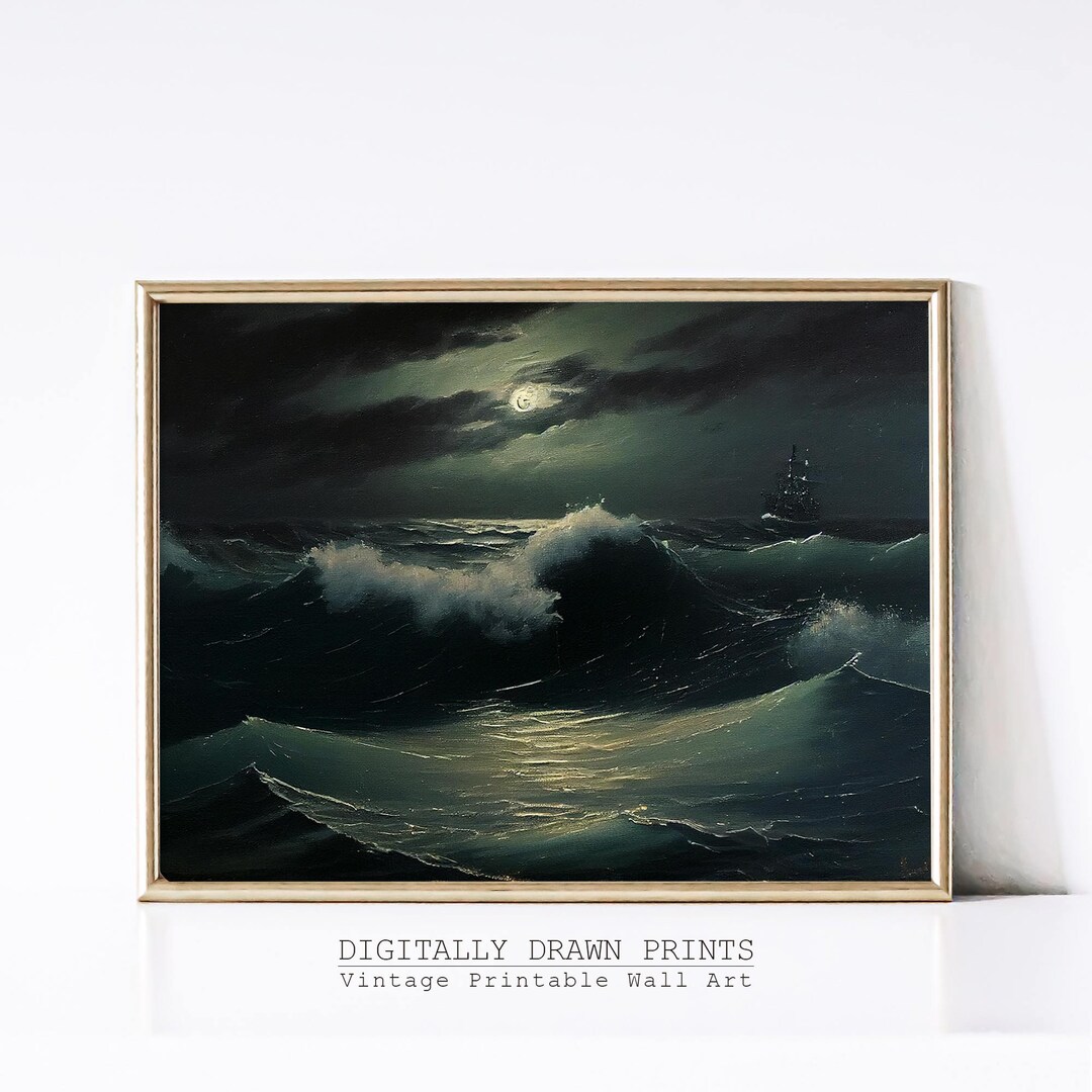 Vintage Moody Coastal Oil Painting, Dark Nautical Wall Art, Rustic ...