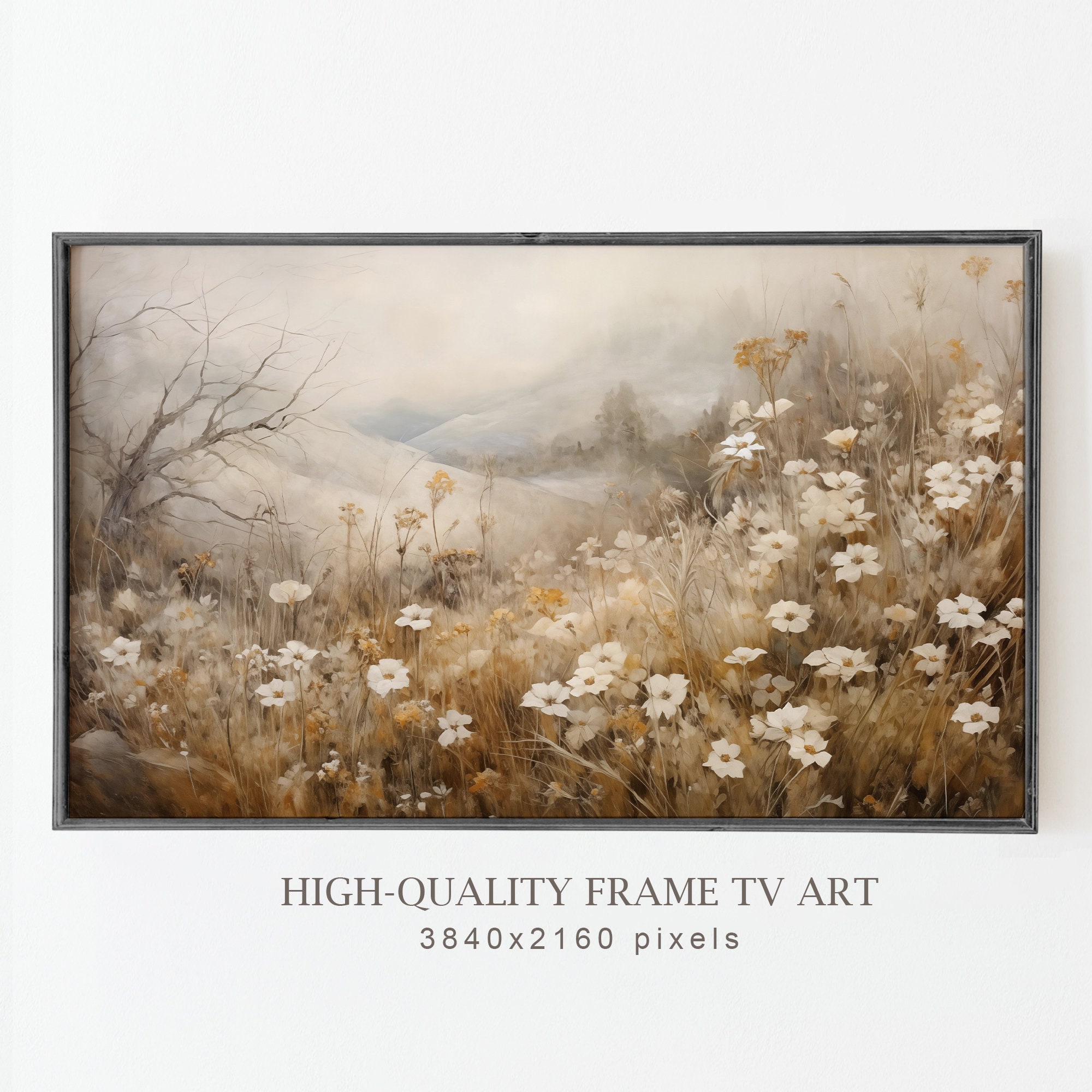 Moody Early Spring Frame TV Art, Muted Spring Wildflower Field Oil ...
