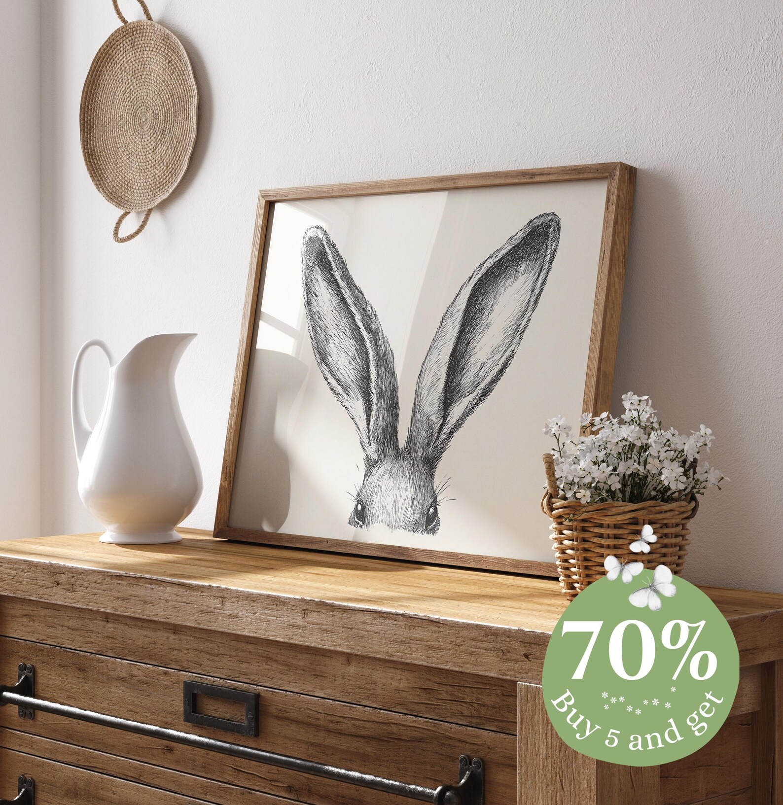 Neutral Printable Easter Bunny Wall Art, Bunny Ears Drawing, Cute ...