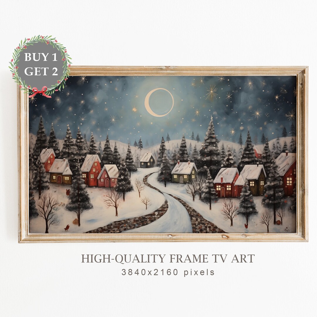 Snowy Village Christmas TV Frame Art, Winter Landscape Oil Painting ...