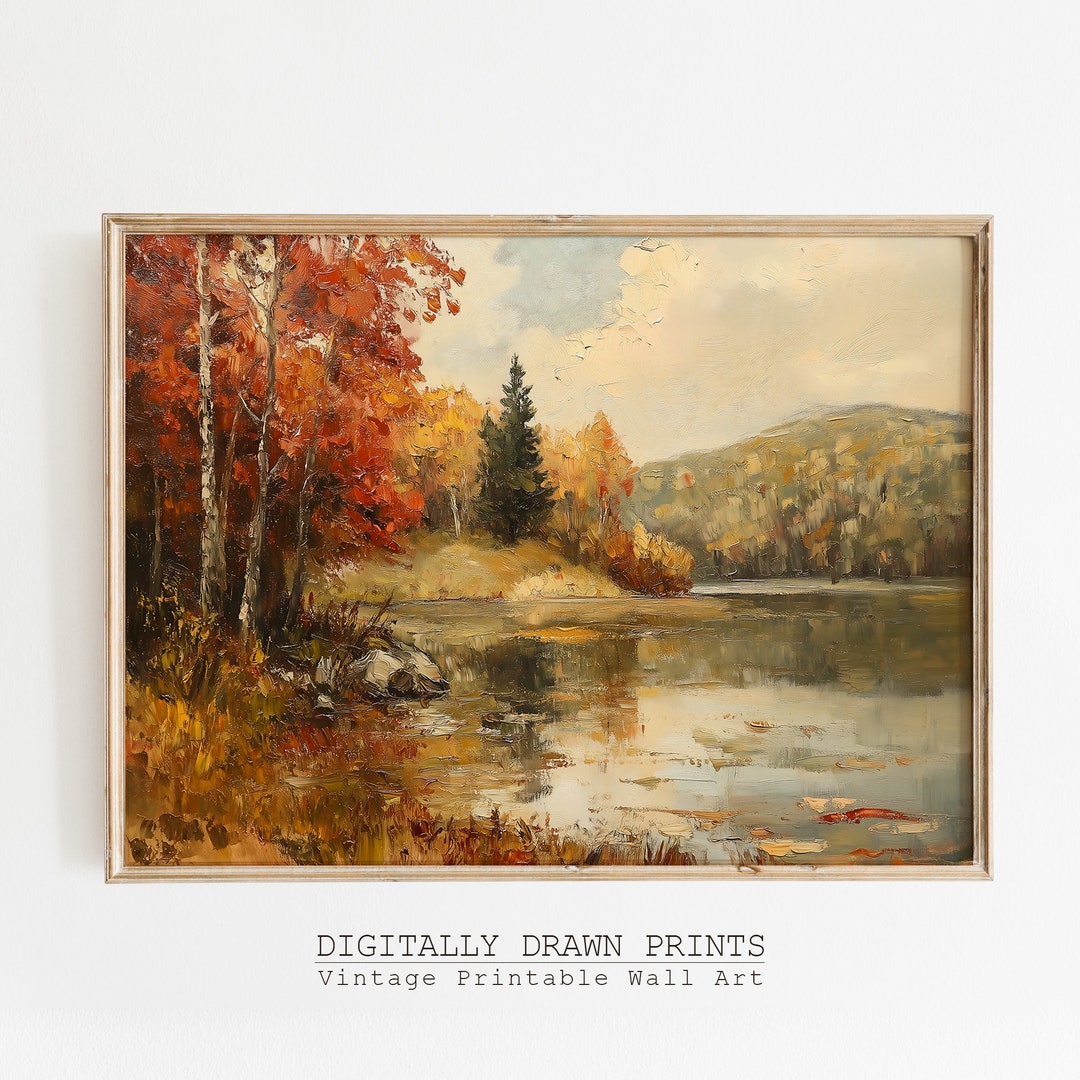 Rustic Fall Landscape Printable Wall Art, Autumn Painting, Vintage Fall ...