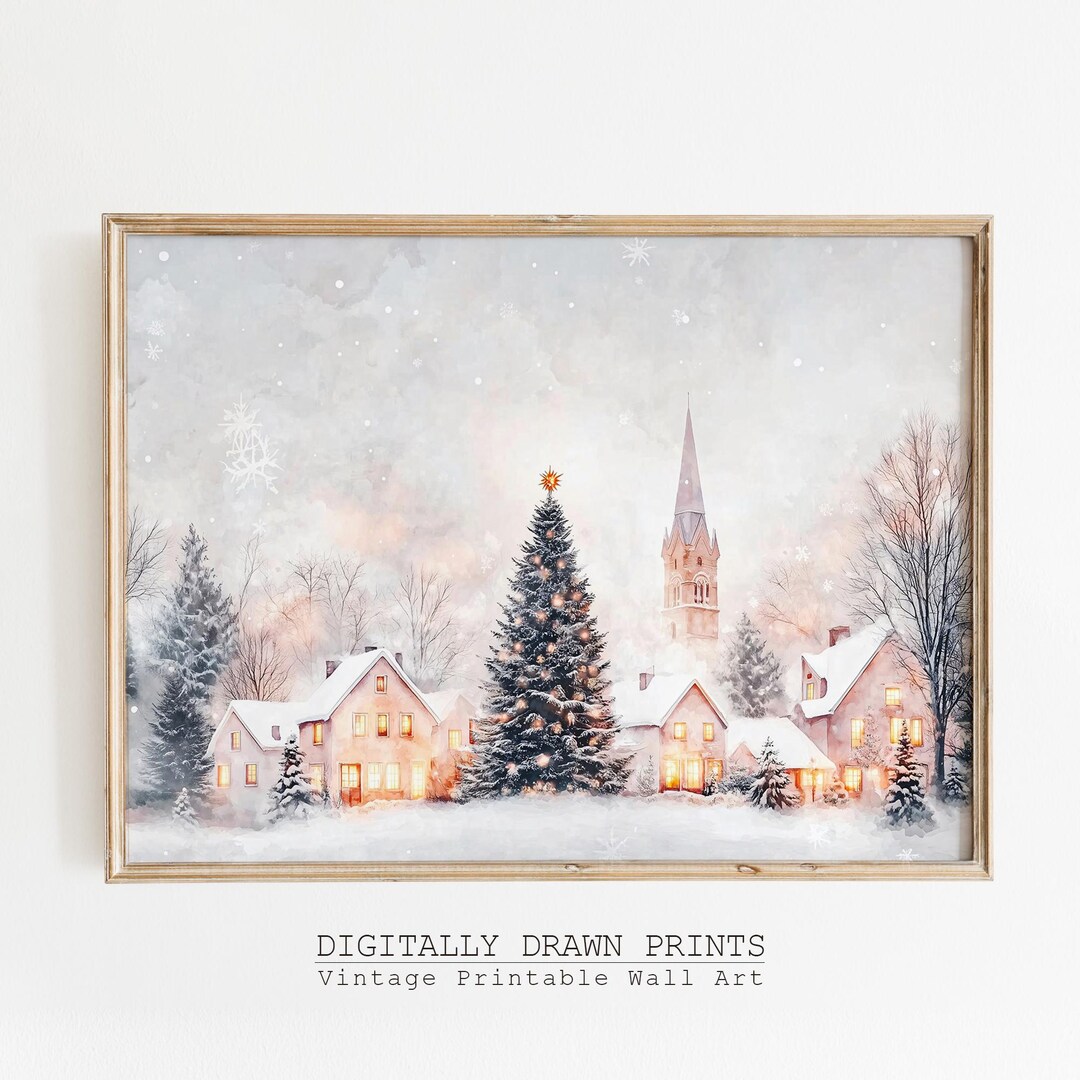 Neutral Christmas Village Printable Wall Art, Winter Church Scene ...