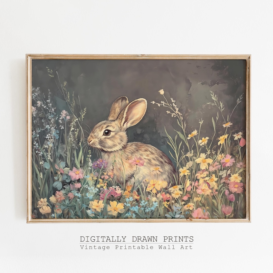 Dark Easter Bunny Printable Wall Art, Moody Wildflowers Rabbit Print ...