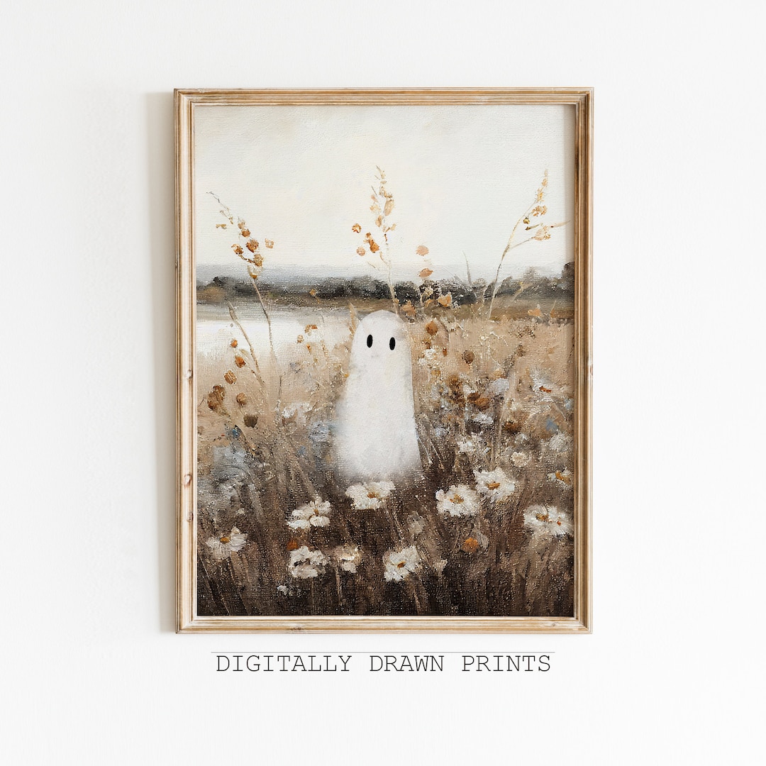Cute Ghost on a Flower Meadow Vintage Painting, Spooky Farmhouse ...