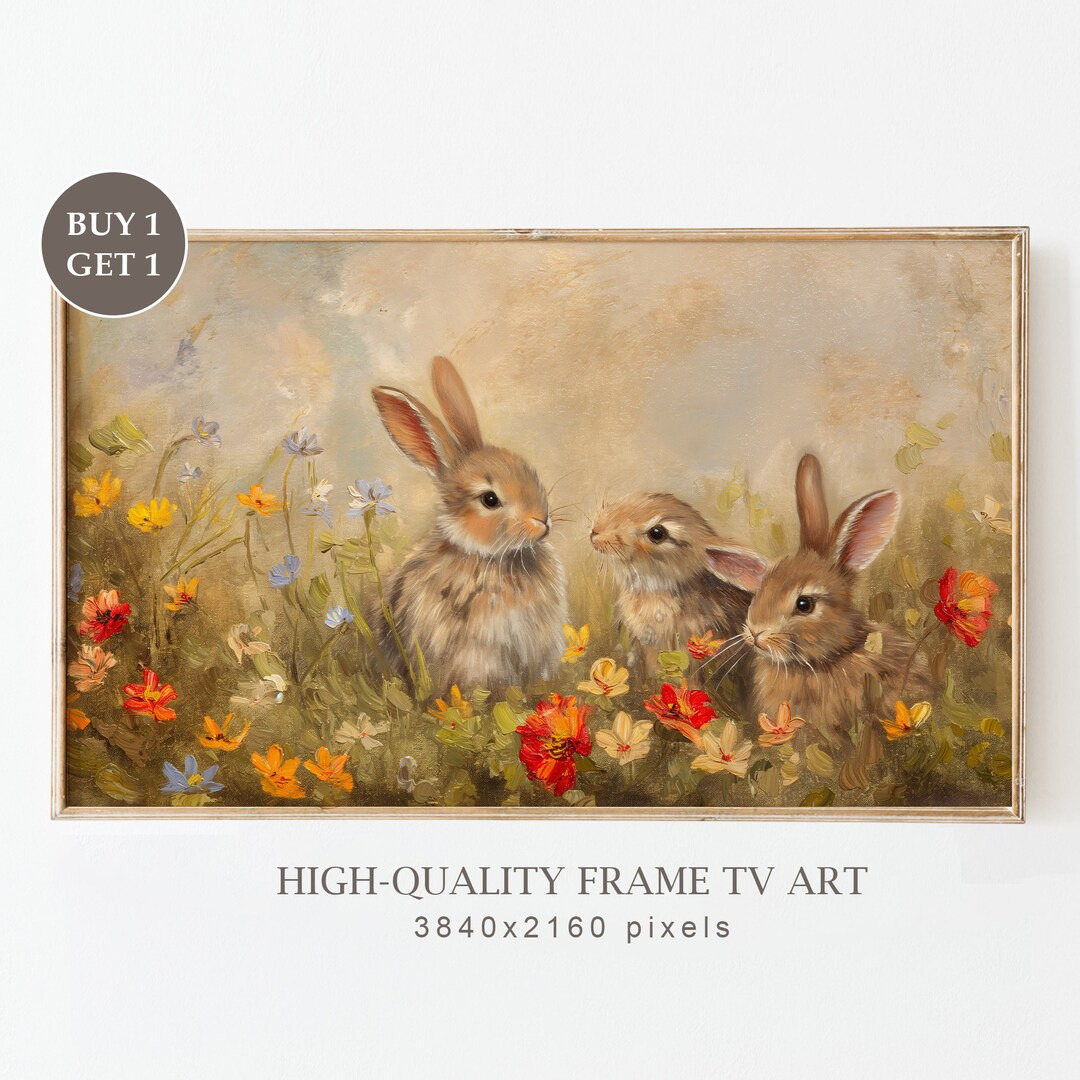 Easter Frame TV Art, Easter Bunnies in a Spring Wildflower Field Oil ...
