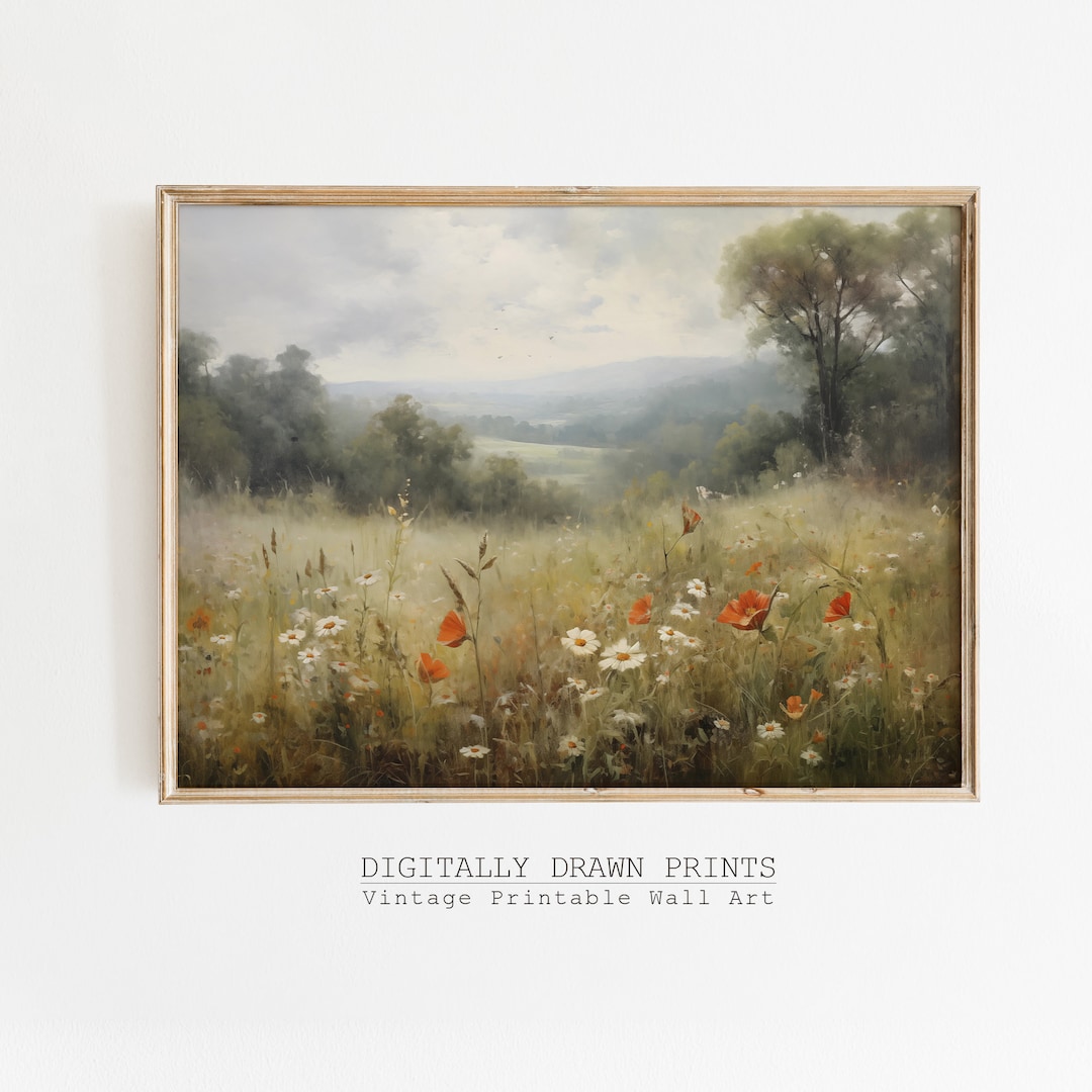 Moody Spring Printable Wildflower Field Landscape Painting, Spring ...