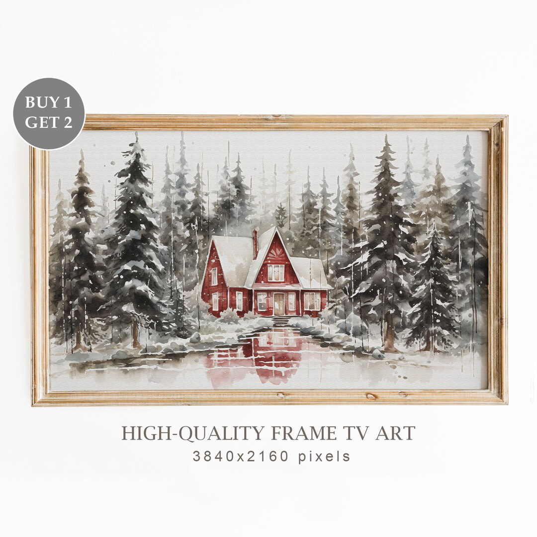 Winter Cottage TV Frame Art, Snowy Landscape Painting, Christmas Decor ...