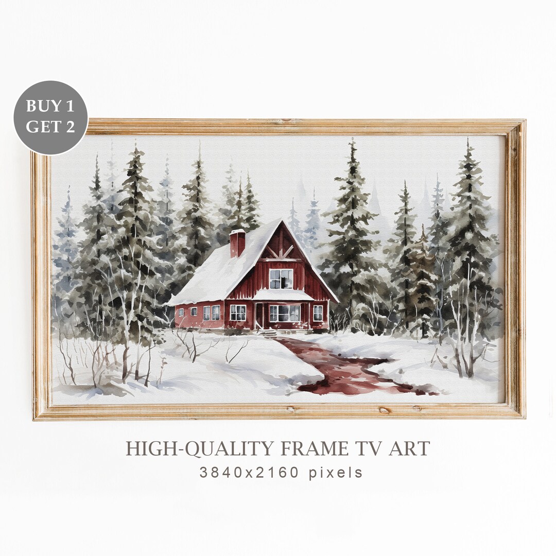 Winter Cottage TV Frame Art, Snowy Landscape Painting, Christmas Decor ...