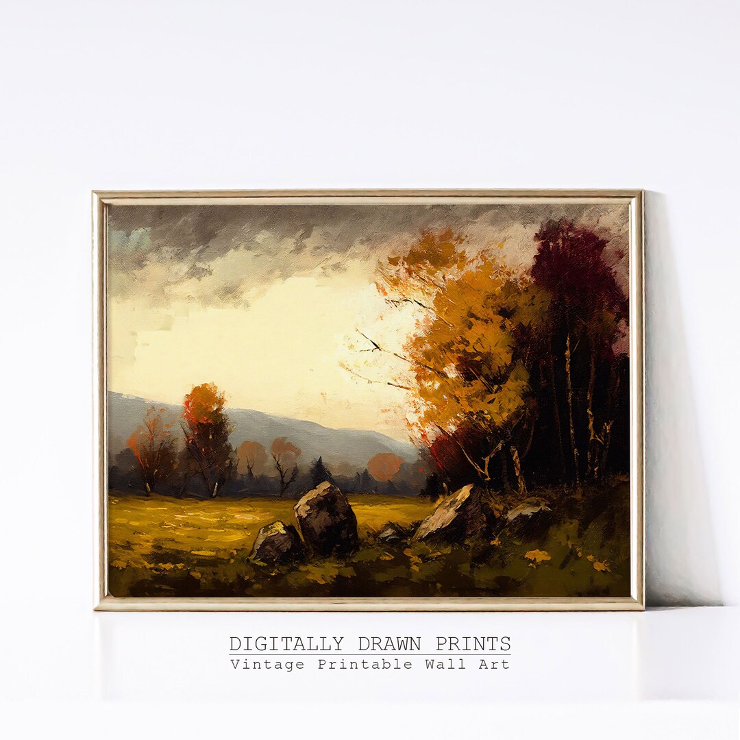 Moody Autumn Printable Field Landscape Oil Painting, Rustic Farm House ...