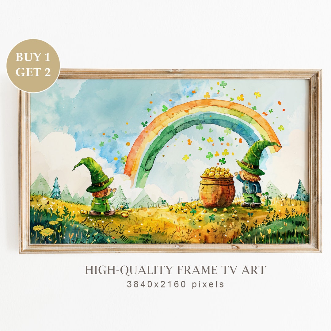 Saint Patrick Frame TV Art, Watercolor Painting of Pot of Gold, Clovers ...