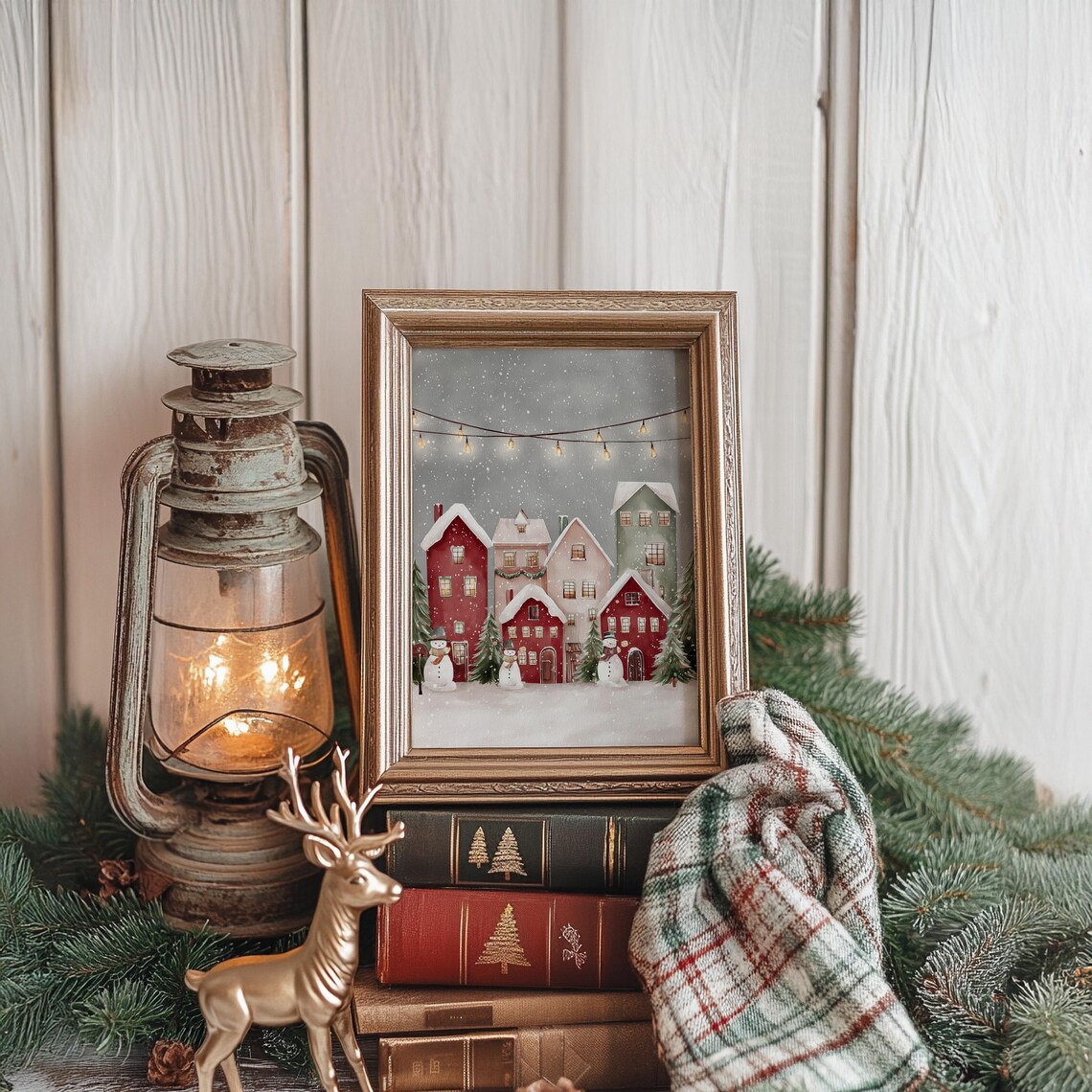 Watercolor Christmas Village Print: Snowman Winter Landscape (digital ...