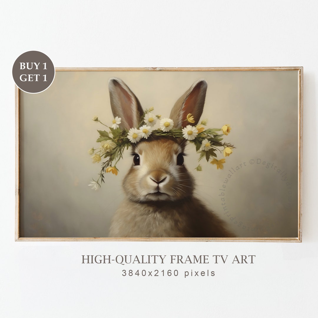 Vintage Easter Bunny Frame Tv Art, Neutral Spring Rabbit Painting for ...
