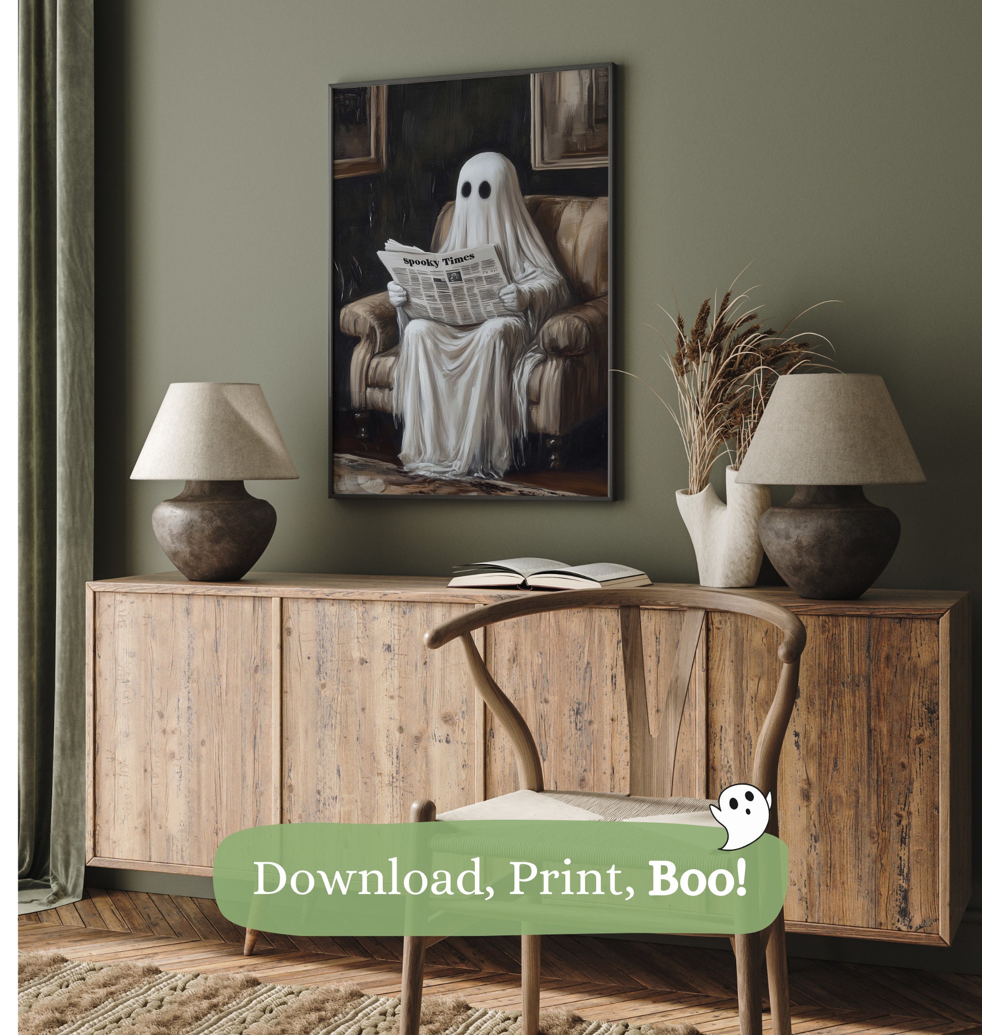 Spooky Ghost Reading Newspaper Printable Wall Art, Halloween Decor ...