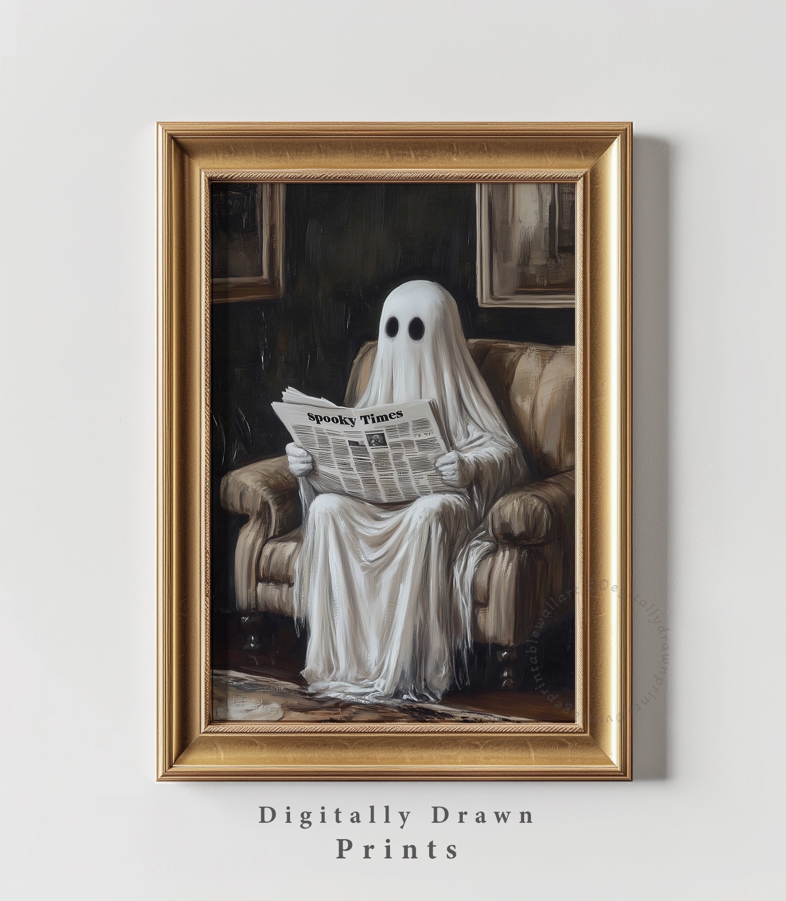 Spooky Ghost Reading Newspaper Printable Wall Art, Halloween Decor ...