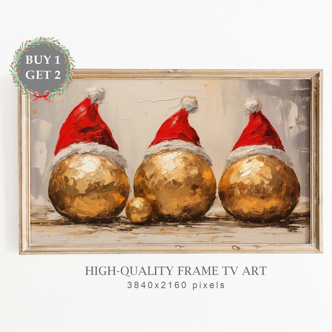 Christmas Art for the Frame TV, Christmas Ornaments With Santa Hat ...