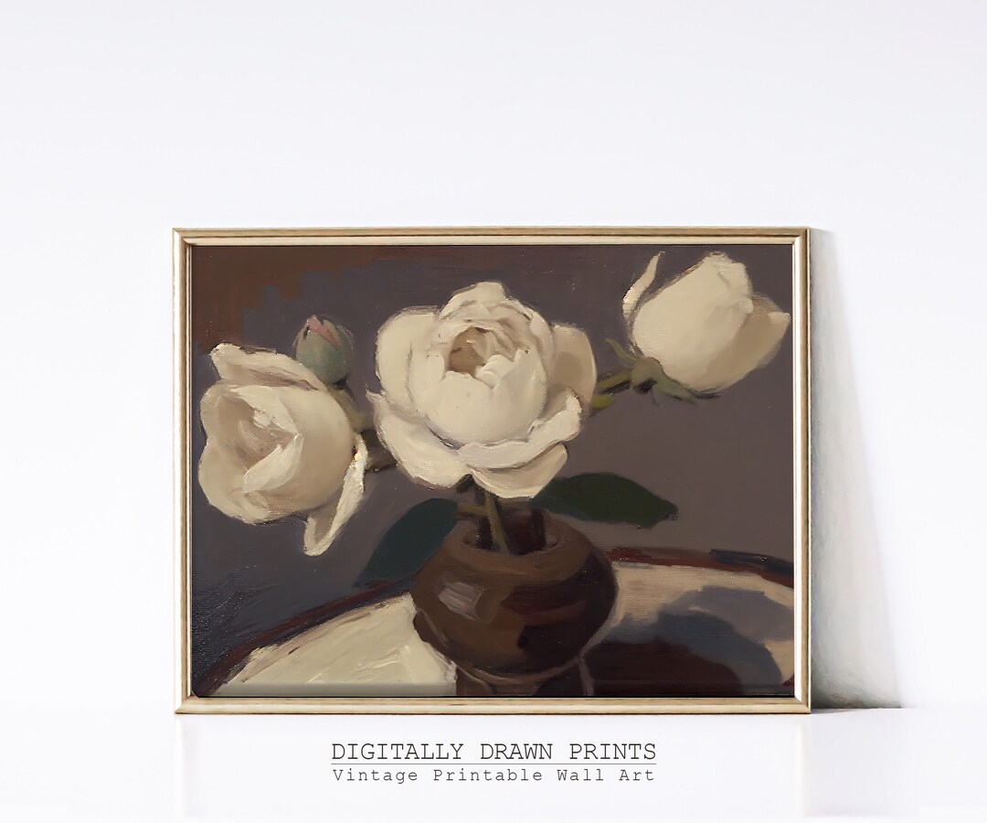 Neutral Still Life Roses Painting, Printable, Vintage Botanical Print ...