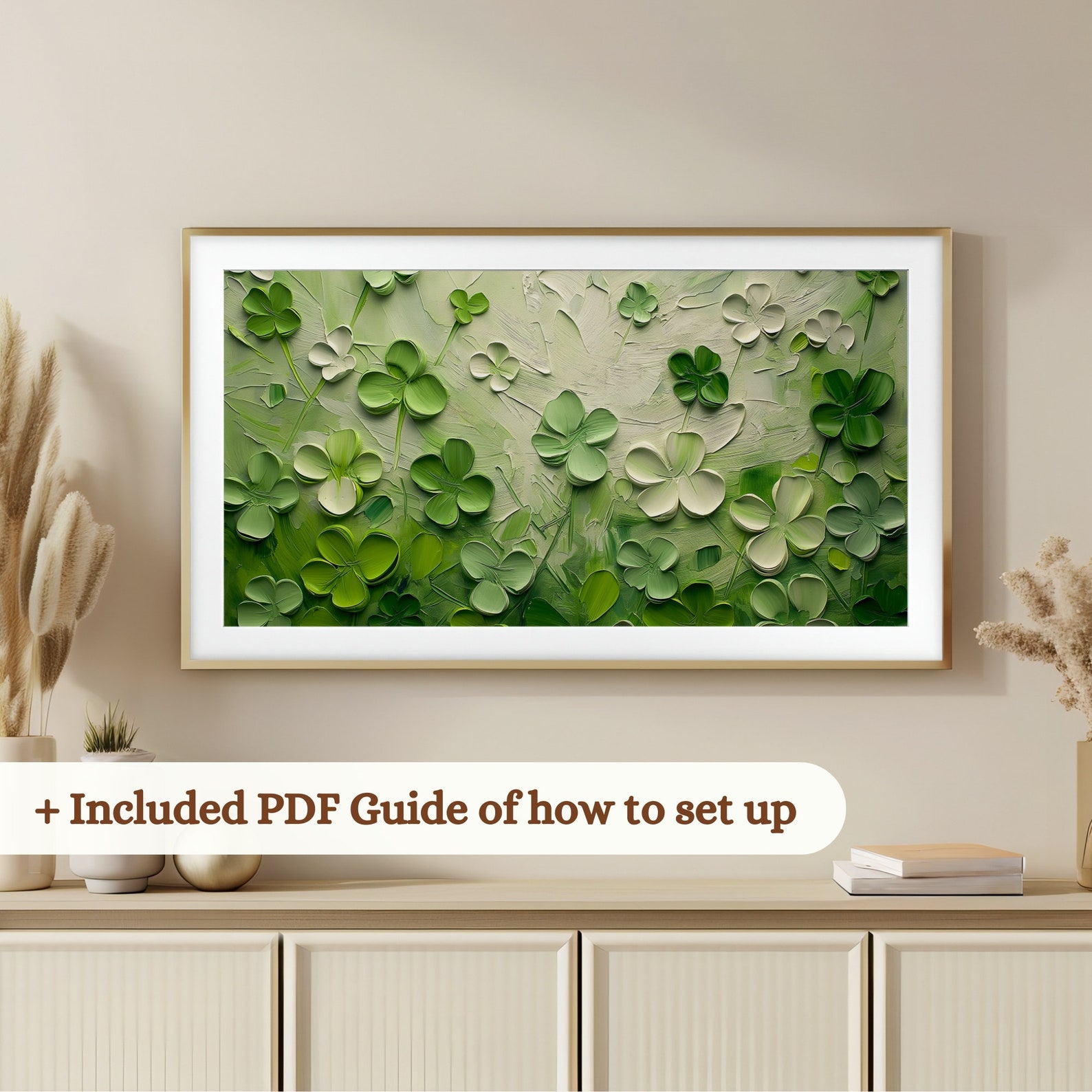 Saint Patrick Frame TV Art, Abstract Clovers Oil Painting, Spring ...