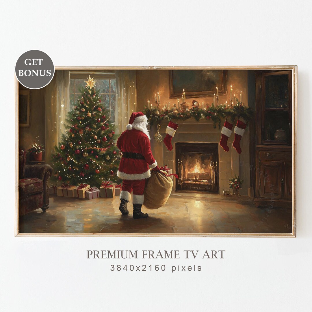 Santa by Fireplace Christmas Frame TV Art, Cozy Holiday Digital ...