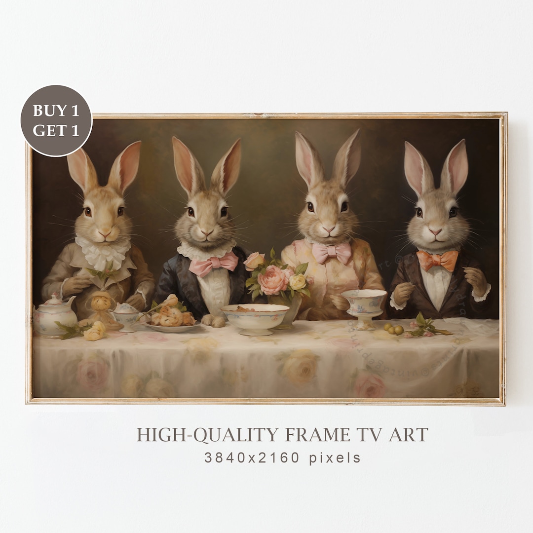 Vintage Easter Bunny Frame TV Art, Spring Bunnies Celebrating Easter ...
