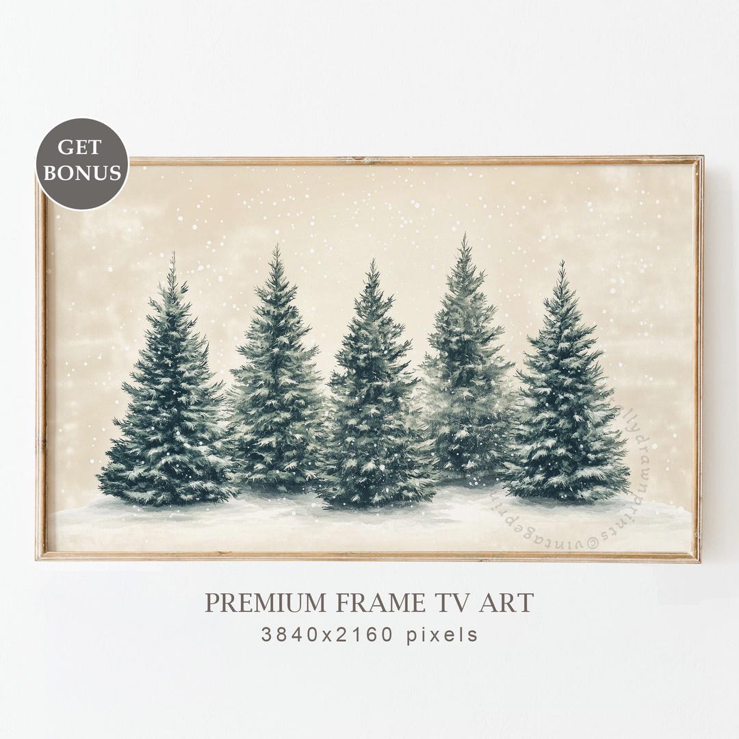 Christmas Frame TV Art, Snowy Evergreen Forest Painting, Farmhouse ...