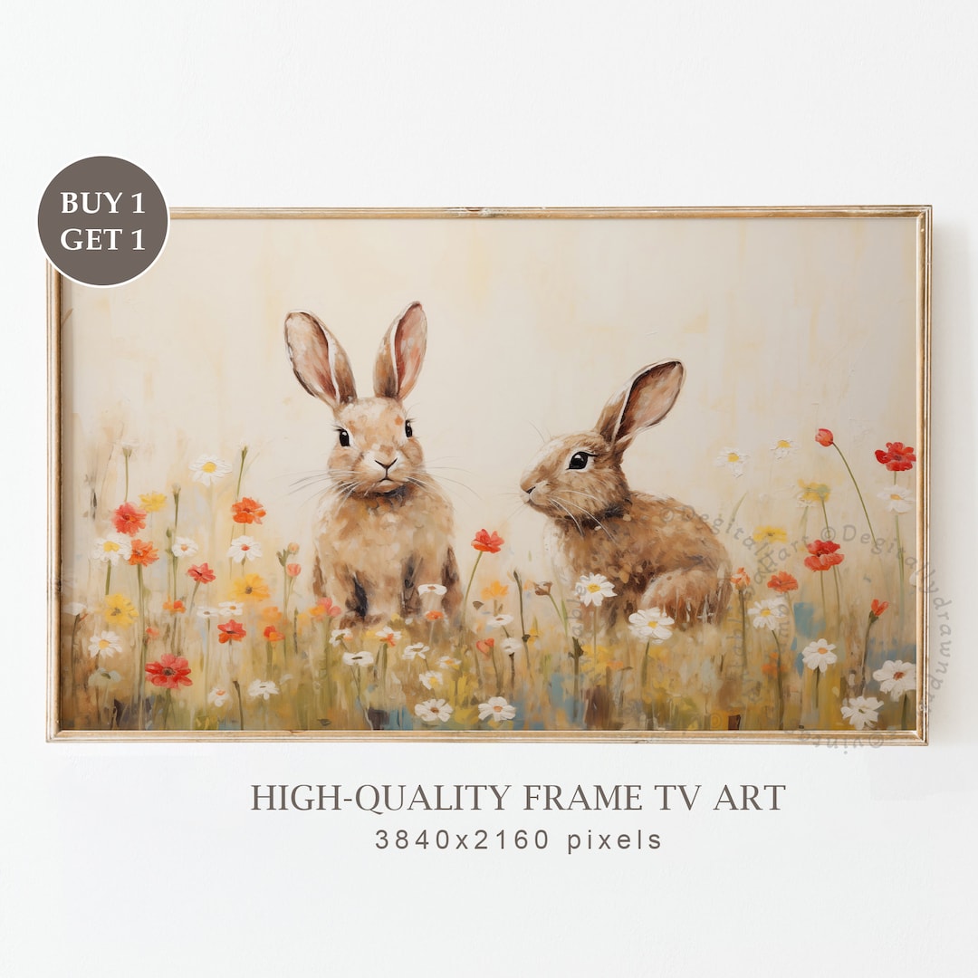 Vintage Easter Bunny Frame Tv Art, Neutral Spring Rabbit Painting for ...