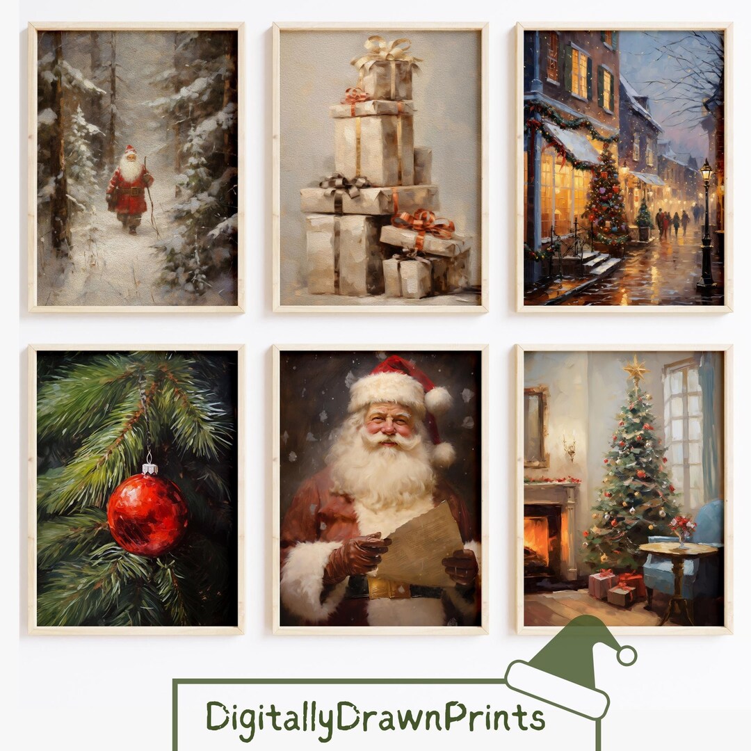 Santa Oil Painting Prints, Christmas Gallery Wall Art SET (digital ...