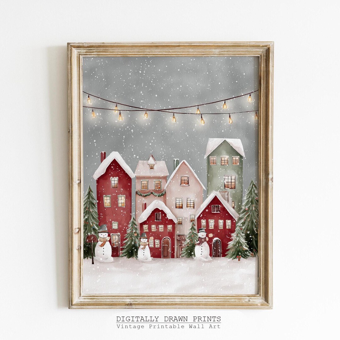 Watercolor Christmas Village Print: Snowman Winter Landscape (digital ...
