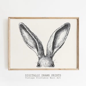 Neutral Printable Easter Bunny Wall Art, Bunny Ears Drawing, Cute ...