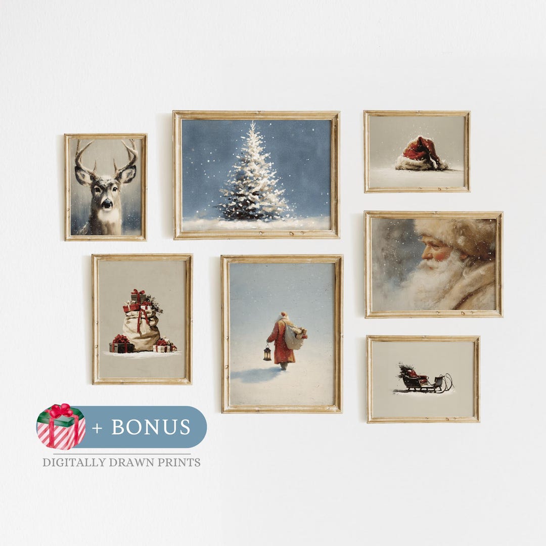 Printable Vintage Christmas Prints, Set of 7 Neutral Gallery Wall Arts ...