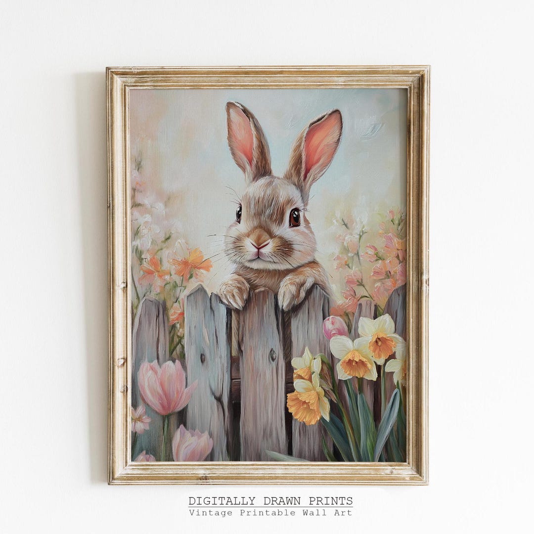 Printable Easter Bunny Wall Art, Spring Nursery Print With Flowers ...