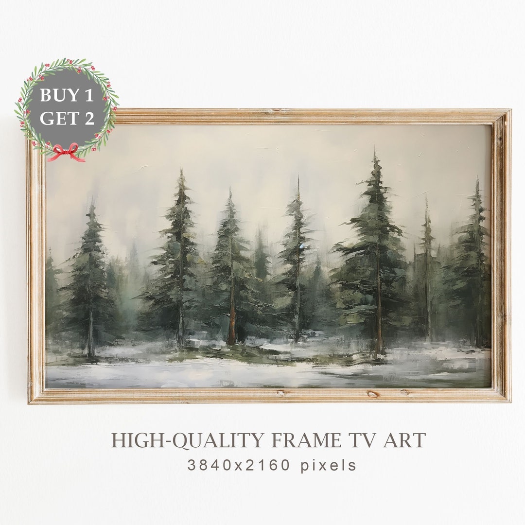 Winter Forest Painting for Samsung Frame TV Art, Snowy Pine Trees Art ...
