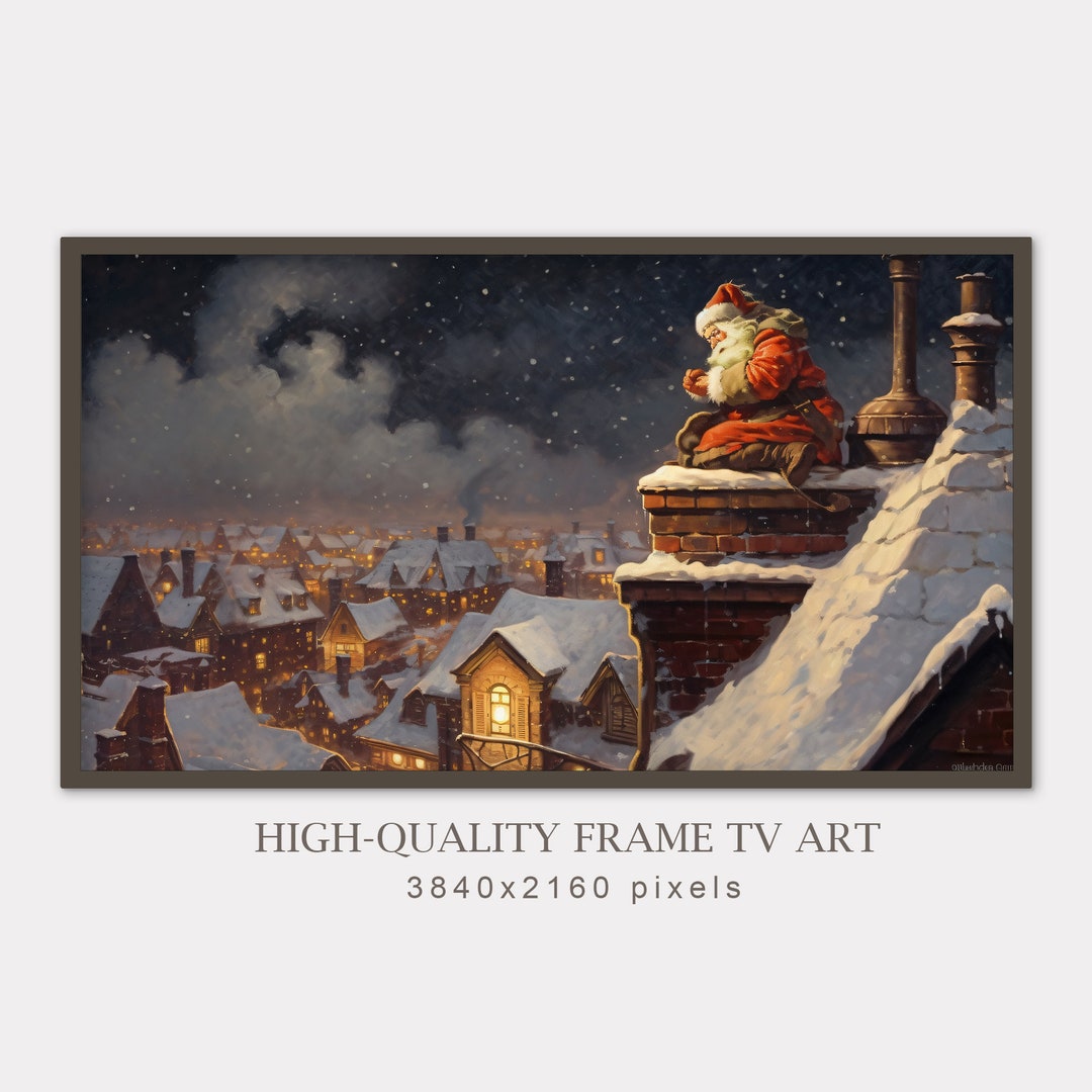 Christmas TV Frame Art, Samsung Frame Tv Art, Santa on a Rooftop Oil ...