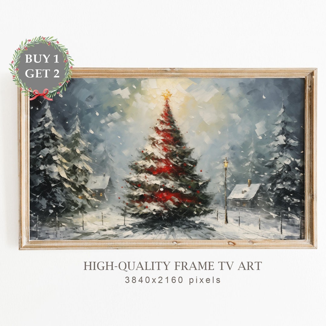 Christmas Frame TV Art, Vintage Christmas Oil Painting, Christmas Tree ...