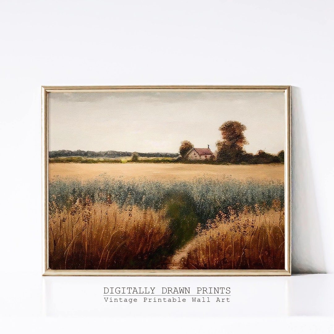 Printable Wildflower Field Landscape Oil Painting, Vintage Farm House ...