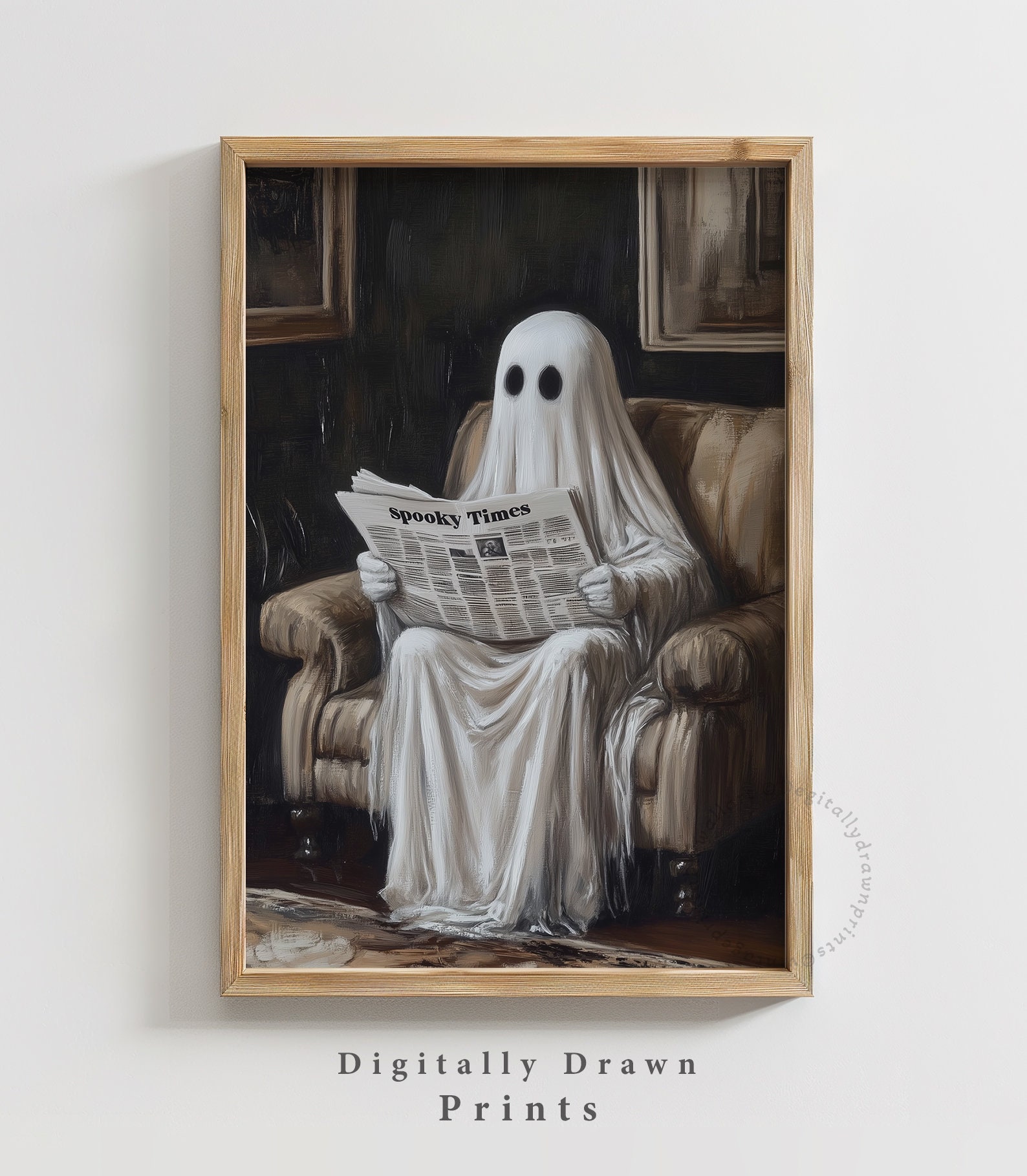Spooky Ghost Reading Newspaper Printable Wall Art, Halloween Decor ...