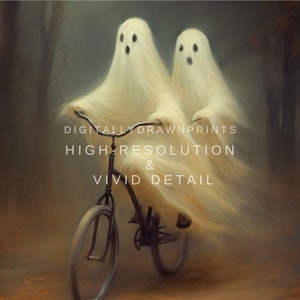 Cute Ghosts Print, Vintage Oil Painting, Ghosts Riding a Bike, Dark ...